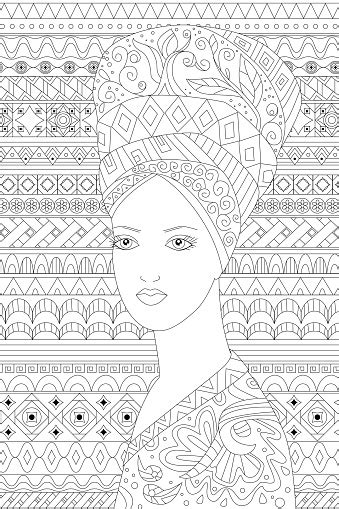 당신의 색칠 공부 책에 대한 추상적 인 기하학적 배경 위에 민족 드레스에 그녀의 머리에 민족 터번을 가진 패션 아프리카 여자의 초상화 여자에 대한 스톡 벡터 아트 및 기타