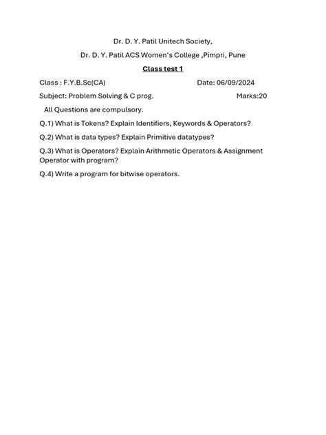 C Programming Class Test Pdf