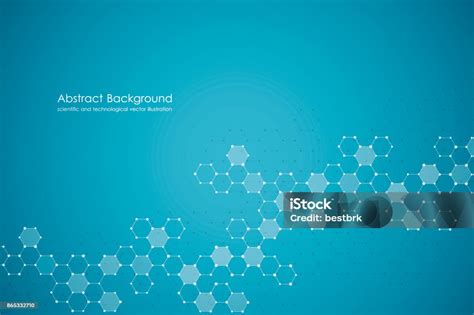 6 각형 분자 배경 유전과 화학 화합물 시스템을 추상화 합니다 기하학적 인 그래픽과 점으로 연결 된 라인입니다 과학 및 기술 개념 벡터 일러스트 레이 션 Dna에 대한 스톡