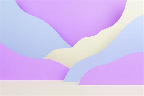 추상적 인 풍경을 가진 트렌디 한 힙스터 추상 장면 모형 파스텔 산 바이올렛 파란색 흰색 색상 광고 디자인 화장품 포스터 전단지 카드의 프리젠 테이션을위한 증기파 배경 3
