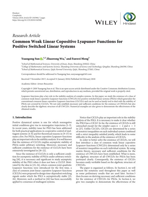 Pdf Common Weak Linear Copositive Lyapunov Functions For Positive
