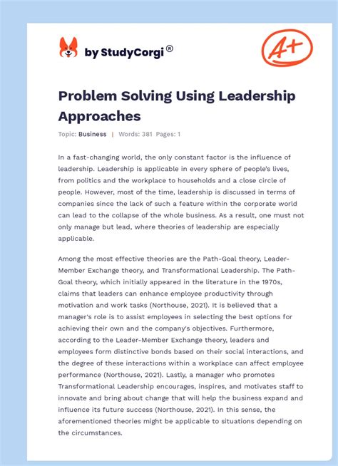 Problem Solving Using Leadership Approaches Free Essay Example