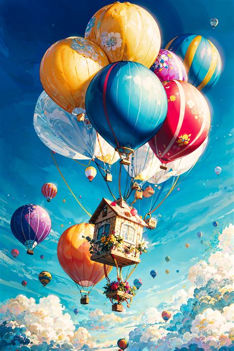 하늘을 날아다니는 풍선 한 무더기를 그린 그림 Seaart Ai