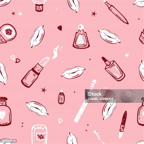 메이크업 원활한 핑크 패턴 화장품 손으로 그린 낙서 입술 립스틱 립 라이너 뷰티 및 패션 아이템 벡터 일러스트 레이 션 립라이너에 대한 스톡 벡터 아트 및 기타 이미지