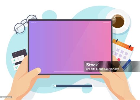 작업책상 위에 있는 복사 공간 텍스트 또는 작업장 벡터 일러스트 플랫 만화 작업장 사무실 현대 디자인 위의 사람의 손에 빈 디스플레이용 디지털 태블릿 컴퓨터 빈 화면 가정
