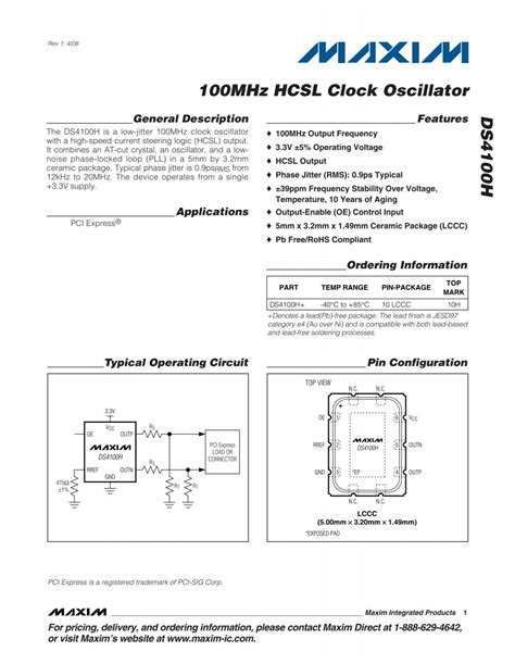 Ds4100h 100mhz Hcsl Clock Oscillator Maxim