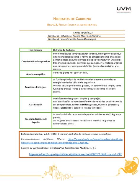 A8 Pmc Act 8 Hidratos De Carbono Etapa 2 Ficha TÉcnica De Nutrimentos Nutrimento Hidratos