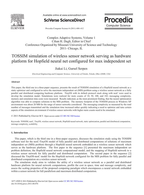 Pdf Tossim Simulation Of Wireless Sensor Network Serving As Hardware Platform For Hopfield