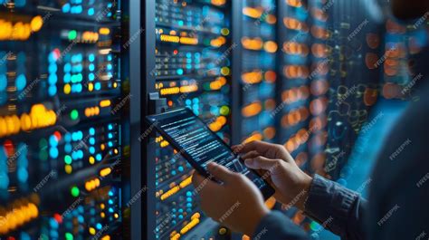 Premium Photo It Professional Monitoring Database Server Performance On Rack In Hightech Data