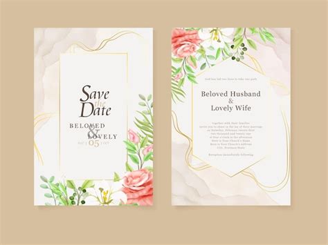 꽃 수채화 웨딩 카드 또는 감사 카드 디자인 서식 파일 프리미엄 벡터