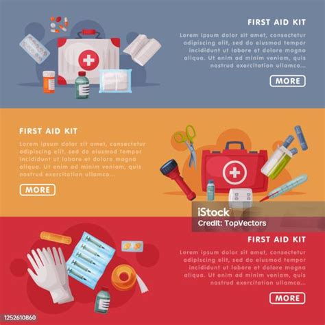 응급 처치 키트 방문 페이지 템플릿 세트 의료 장비 및 약물 수평 배너상자 응급 서비스 도구 웹 페이지 모바일 앱 홈페이지 벡터 일러스트레이션 0명에 대한 스톡 벡터 아트