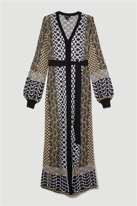 Karen Millen Slinky Jacquard Blouson Long Sleeve Knitted Maxi Dress In