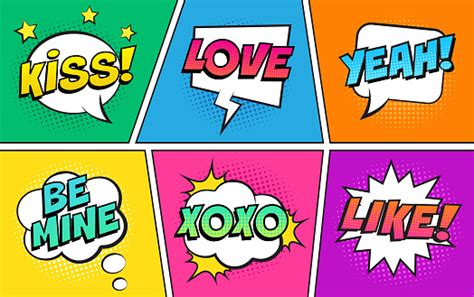 레트로 만화 연설 거품 화려한 배경 설정 식 텍스트 키스 사랑 네 여 자가 나 같은 수 있습니다 개체 그룹에 대한 스톡 벡터 아트 및 기타 이미지 Istock