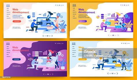 웹 개발 주제에 대한 랜 랜 랜 딩 페이지 웹 사이트 프리젠 테이션 또는 배너용 템플릿입니다 벡터에 대한 스톡 벡터 아트 및 기타 이미지 Istock