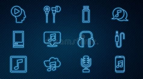 Set Line Music Player Audio Jack Usb Flash Drive Musical Note In Speech Bubble Voice