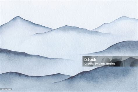 추상적인 수채화 배경은 파란색과 회색 음영으로 겨울 산의 탁 트인 전망을 가지고 있습니다 겨울에 대한 스톡 벡터 아트 및 기타 이미지 겨울 경관 곤색 Istock