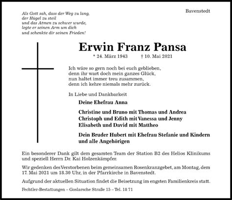 Traueranzeigen Von Erwin Franz Pansa Trauerportal Hildesheimer Allgemeine Zeitung