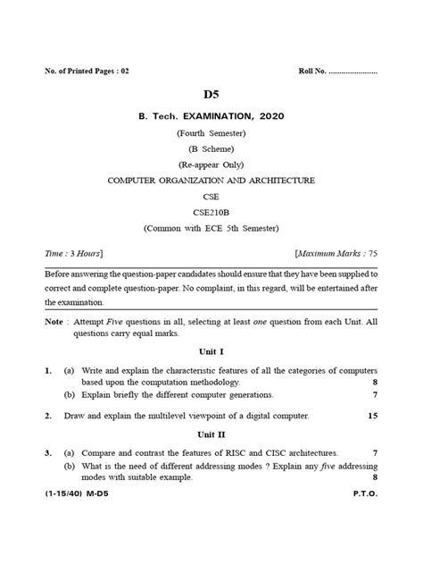 Btech Cse 4 Sem Computer Organization And Architecture D5 2020 Pdf Computing Digital