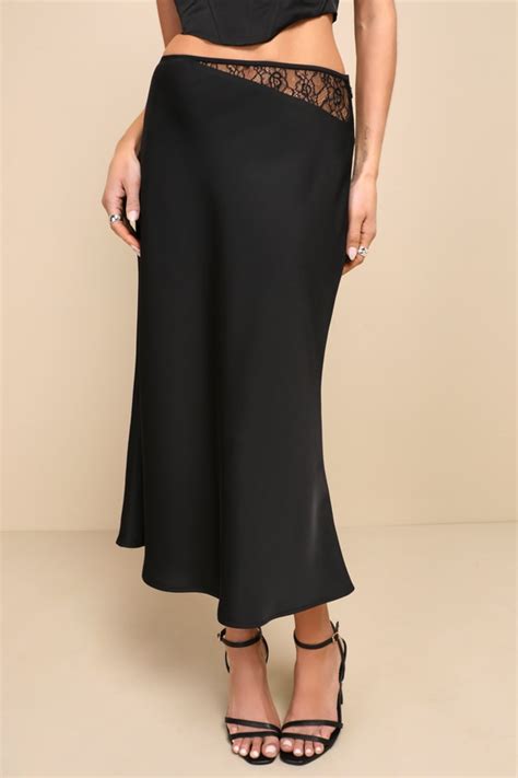 Chic Black Midi Skirt Satin Slip Skirt Lace Satin Midi Skirt Lulus