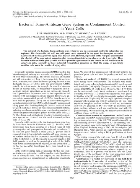 Pdf Bacterial Toxin Antitoxin Gene System As Containment Control In Yeast Cells