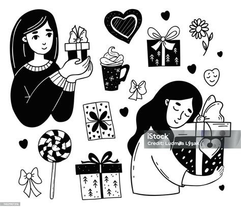 선물 휴일 상자 과자 꽃 막대 사탕 및 심장을 가진 귀여운 소녀들을 모으십시오 벡터 그림입니다 격리 된 도면 낙서 휴일 테마 쇼핑의 디자인을 위한 여성 캐릭터 낙서 드로잉에