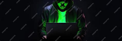 Premium Ai Image Hacker Without Face In A Hood Holds A Laptop On A