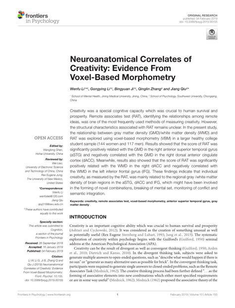 Pdf Neuroanatomical Correlates Of Creativity Evidence From Voxel Based Morphometry