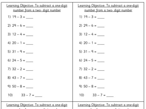 Subtract A One Digit Number From A Two Digit Number Teaching Resources