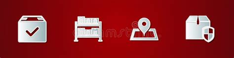 Set Package Box With Check Mark Warehouse Placeholder On Map And