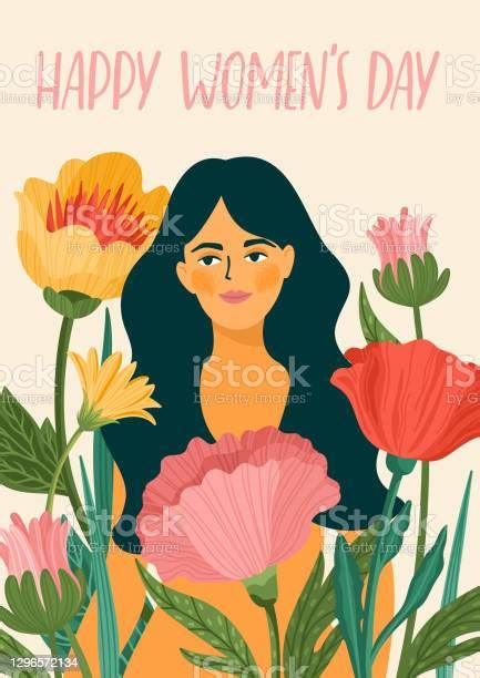 세계 여성의 날 카드 포스터 전단지 및 Othe를위한 여성과 꽃과 벡터 템플릿 꽃 식물에 대한 스톡 벡터 아트 및 기타 이미지 꽃 식물 3월 8 Istock
