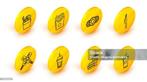 빨대와 물을 마시는 종이 유리 레모네이드 유리 아이스크림 나이프 도넛 스위트 글레이즈 감자 감자 감자 튀김 상자 상자 및 아시아 국수 종이 젓가락 아이콘 벡터 3차원 형태에