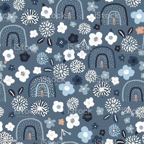 꽃 무지개와 손으로 그린 꽃과 매끄러운 패턴 창조적 인 개화 질감 직물 섬유 벡터 일러스트에 적합 그리기에 대한 스톡 벡터 아트