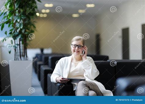 Portrait Of Beautiful Woman Blonde Using Smartphone Stock Image
