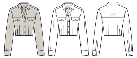 긴 소매 테크니컬 패션 일러스트레이션이 있는 크롭 버튼 업 셔츠 블라우스 패션 플랫 테크니컬 드로잉 템플릿 버튼 앞면과 뒷면 흰색 베이지색 여성용 Cad 모형 세트 0명에