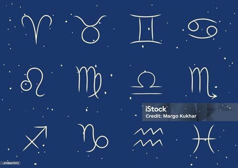별자리 조디악 표지판 설정 천문학적 인 12 개의 조디악 표지판 별자리 모음 점성술 손으로 그린 요소 벡터 일러스트 레이 션 손 그리기 고립 된 파란색 배경 개체 그룹에