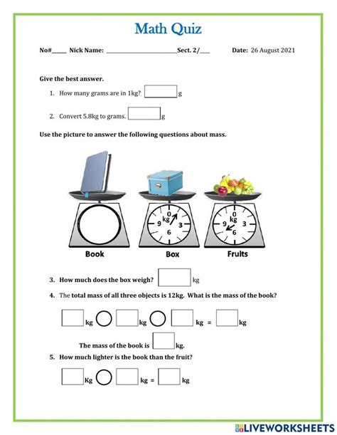 Measuring Mass Quiz Worksheet Biology Worksheet Measuring Mass School Subjects