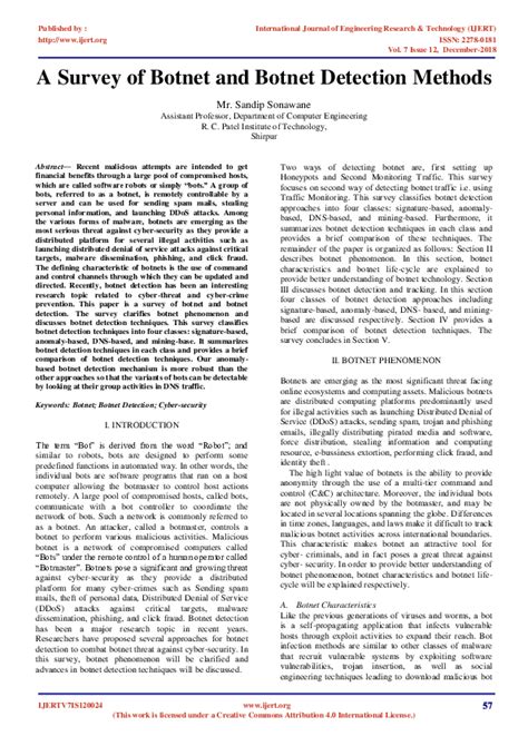 Pdf Ijert A Survey Of Botnet And Botnet Detection Methods