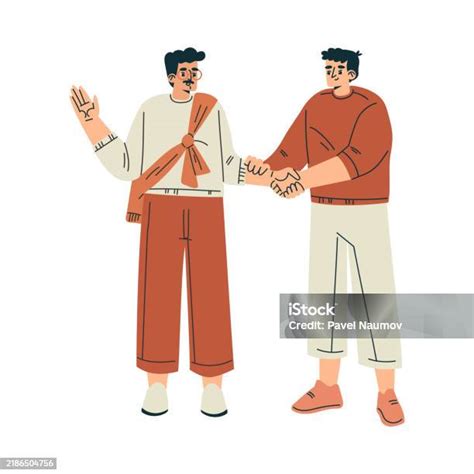 젊은 웃는 남자 문자 에서 서 있는 포즈 인사 와 악수 몸짓 와 벡터 일러스트 감정에 대한 스톡 벡터 아트 및 기타 이미지 Istock