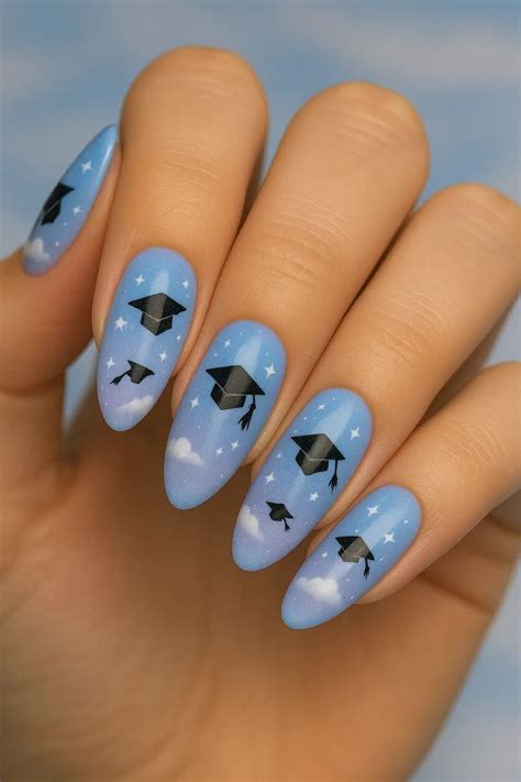 Dreamy Sky Graduation Nails Flying Cap Nail Art For Class Of 2025