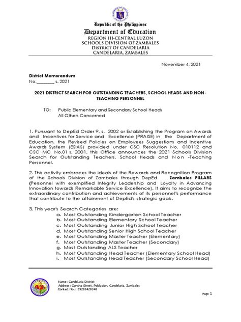 District Memo On Search For Outstanding Teacher And Non Teaching Personnel Pdf Schools