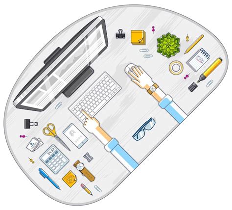 Pc 컴퓨터에서 일하는 회사원이나 기업가 인간의 손과 다양한 문구류가 있는 작업 공간 책상의 위쪽 전망 모든 요소는 개별적으로 사용하기 쉽습니다 벡터 일러스트 레이 션