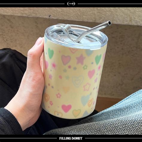 필링도넛 러블리 하트 텀블러 스테인레스 스틸 단열 보온컵 빨대 포함 위시버킷
