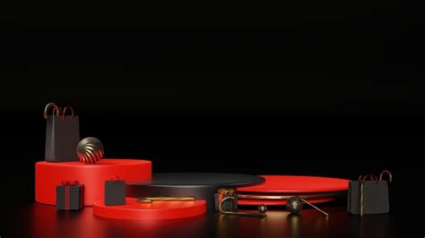 블랙 프라이데이 세일 현실적인 3d 디자인 무대 연단 라운드 스튜디오 선물 상자 블랙 빨간 활 쇼핑백 0명에 대한 스톡 사진 및 기타 이미지 Istock