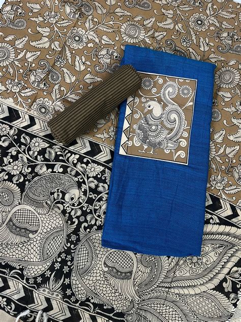 Blue Kalamkari Cotton 3 Piece Suit Material Set Unstitched Top Botto