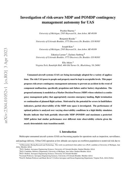 pdf investigation of risk aware mdp and pomdp contingency management