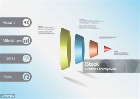 라운드 콘의 모티브로 3d 그림 Infographic 템플릿 세로로 간단한 기호 및 샘플 텍스트 바에 측면에 4 개의 색상 부품 분할 라이트 Blure 그라데이션 배경으로