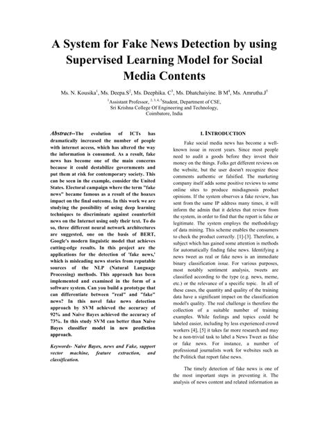 Pdf A System For Fake News Detection By Using Supervised Learning Model For Social Media Contents