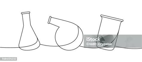 실험실 유리 장비 한 줄 연속 도면 원뿔형 플라스크 레토르트 유리 플라스크 유리 비커 연속 한 줄 그림 개체 그룹에 대한 스톡 벡터 아트 및 기타 이미지 Istock