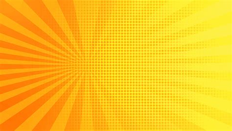 디자인을 위한 빈 공간이 있는 만화 또는 만화 개념 배경 밝은 노란색과 주황색 햇살 광선 배경에는 하프 톤 점이 있습니다 팝 아트 스타일의 방사형 선이 있는 노란색 배경