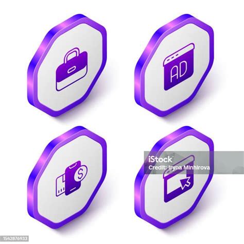 아이소메트릭 서류 가방 광고 모바일을 달러와 아이콘으로 설정합니다 보라색 육각형 버튼 벡터 3차원 형태에 대한 스톡 벡터 아트 및 기타 이미지 Istock